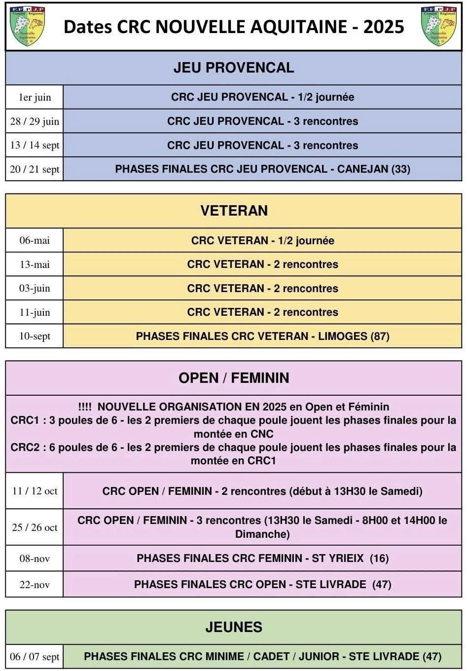 CRC 2025 - Saison 2025 | Comité Régional Nouvel Aquitaine Pétanque